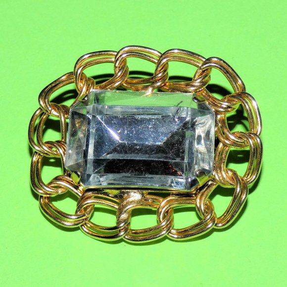 Jewelry | Vintage Brooch Pin Gold Tone Links Large Clear Rectangle Cut ...